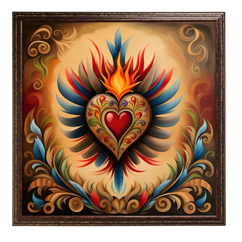 Mexican Sacred Heart Inspired Art Print, Aztec Art, Mexican Heart ...
