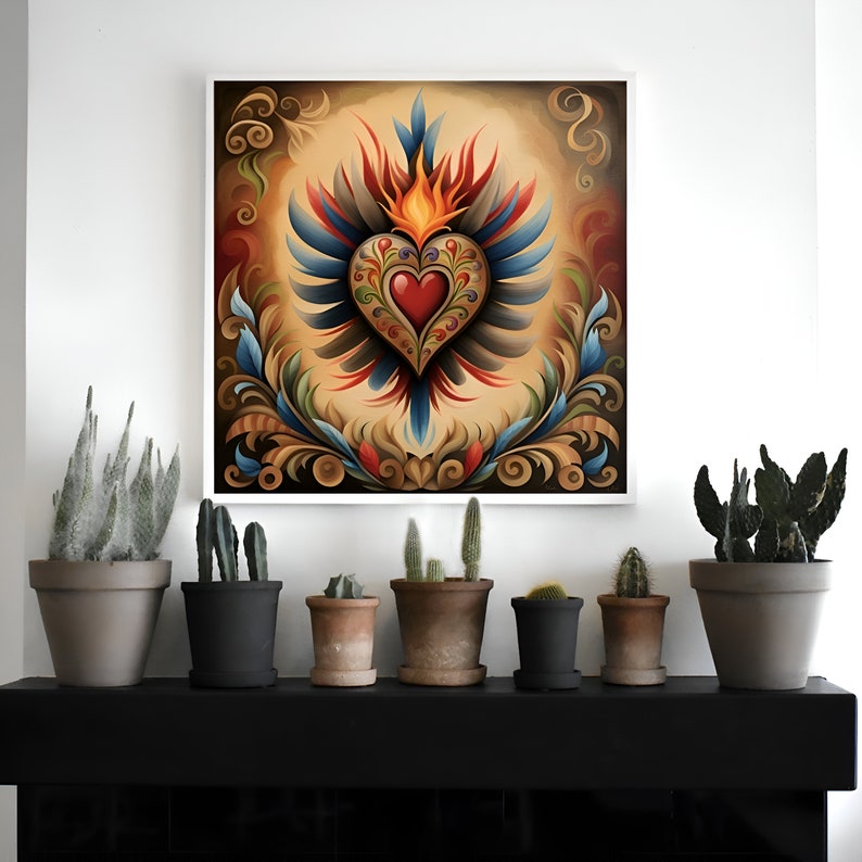 Mexican Sacred Heart Inspired Art Print, Aztec Art, Mexican Heart ...