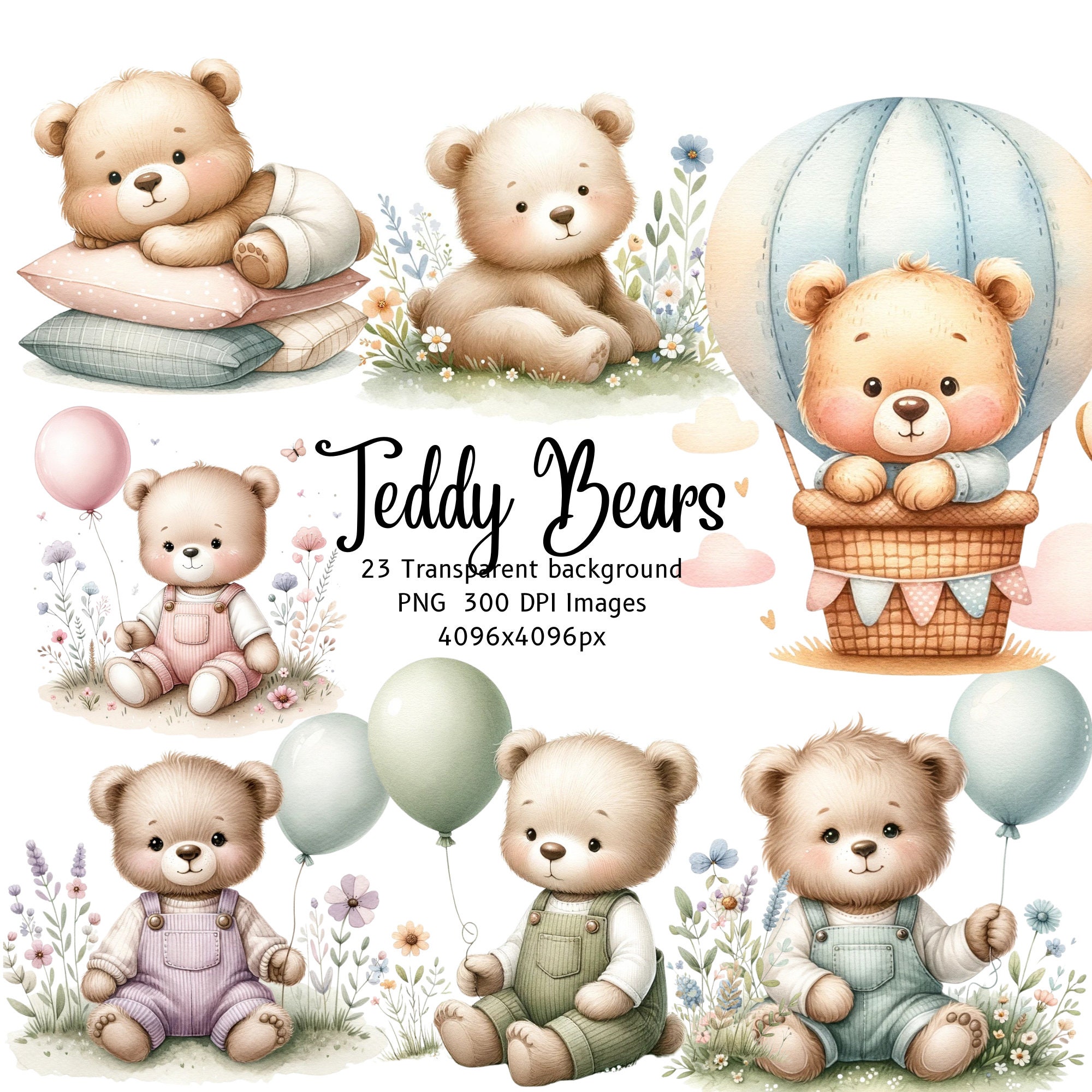 Watercolor Teddy Bear Clipart Bundle, Teddy Bear Baby Shower, Baby ...