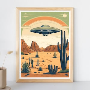 Vintage 70s Style Desert UFO Art Print | Vintage UFO Poster | Hippie ...