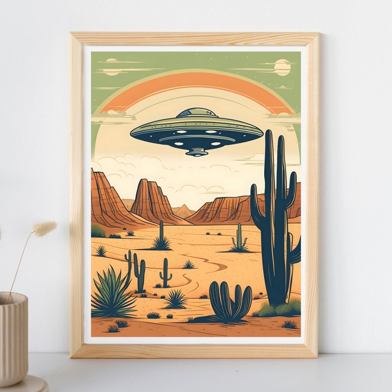 Vintage 70s Style Desert UFO Art Print Vintage UFO Poster Hippie ...