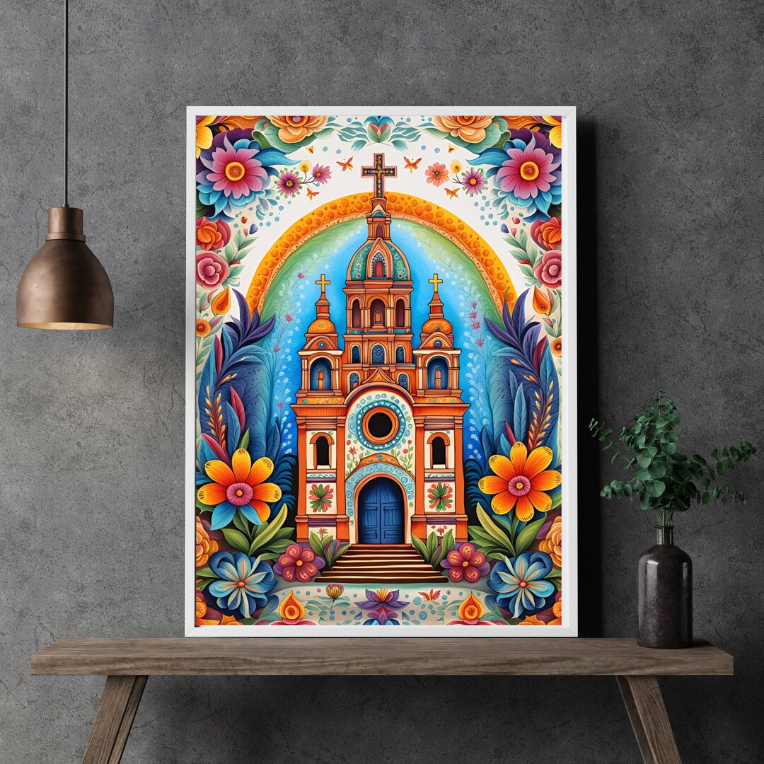 Mexican Village Church Painting, Flower Market, Mexico Pattern Folk Art ...