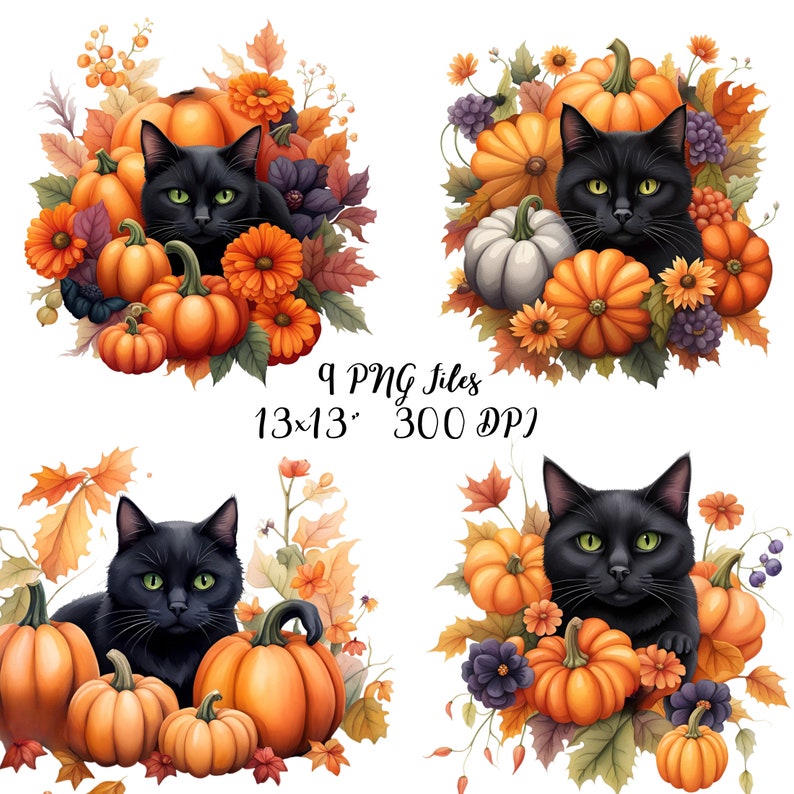 Vintage Halloween Black Cat Clipart 9 HQ Digital Pngs - Etsy