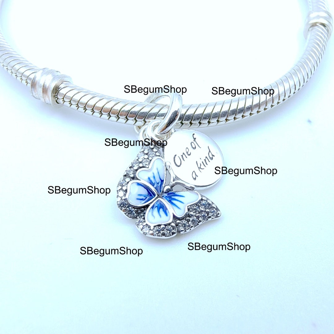 Genuine Sterling Silver Blue Butterfly Double Dangle Charm With Blue ...