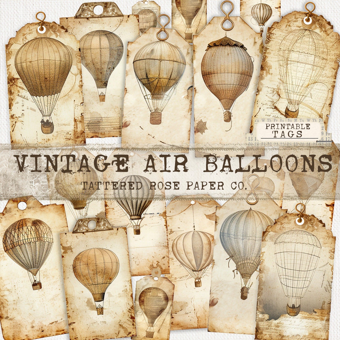 Vintage Hot Air Ballons Journal Tags, Junk Journal Tags, Junk ...