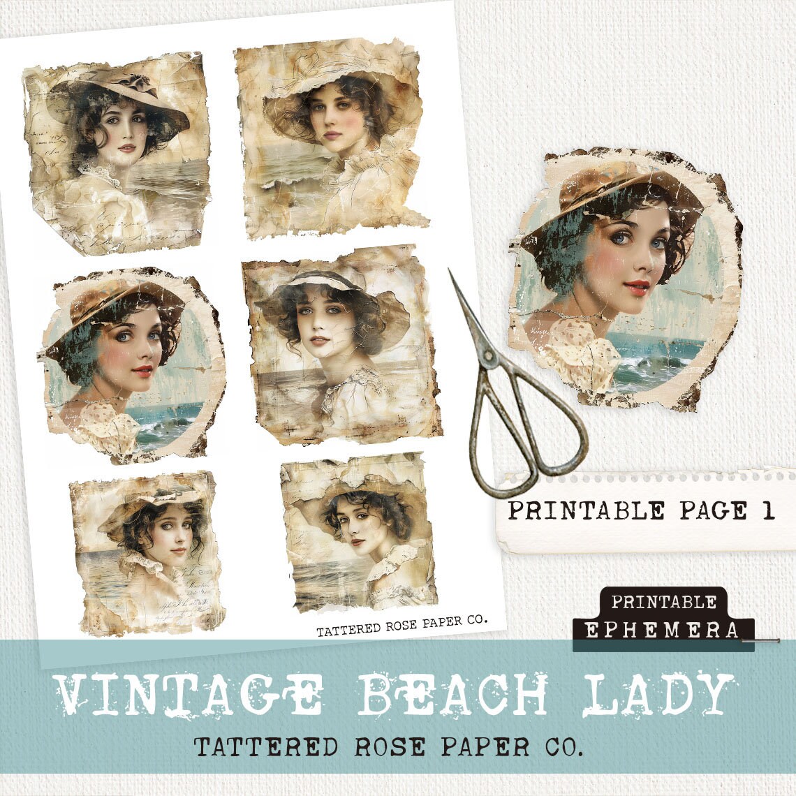 Vintage Beach Lady Ephemera, Printable Vintage Beach Ephemera, Junk ...