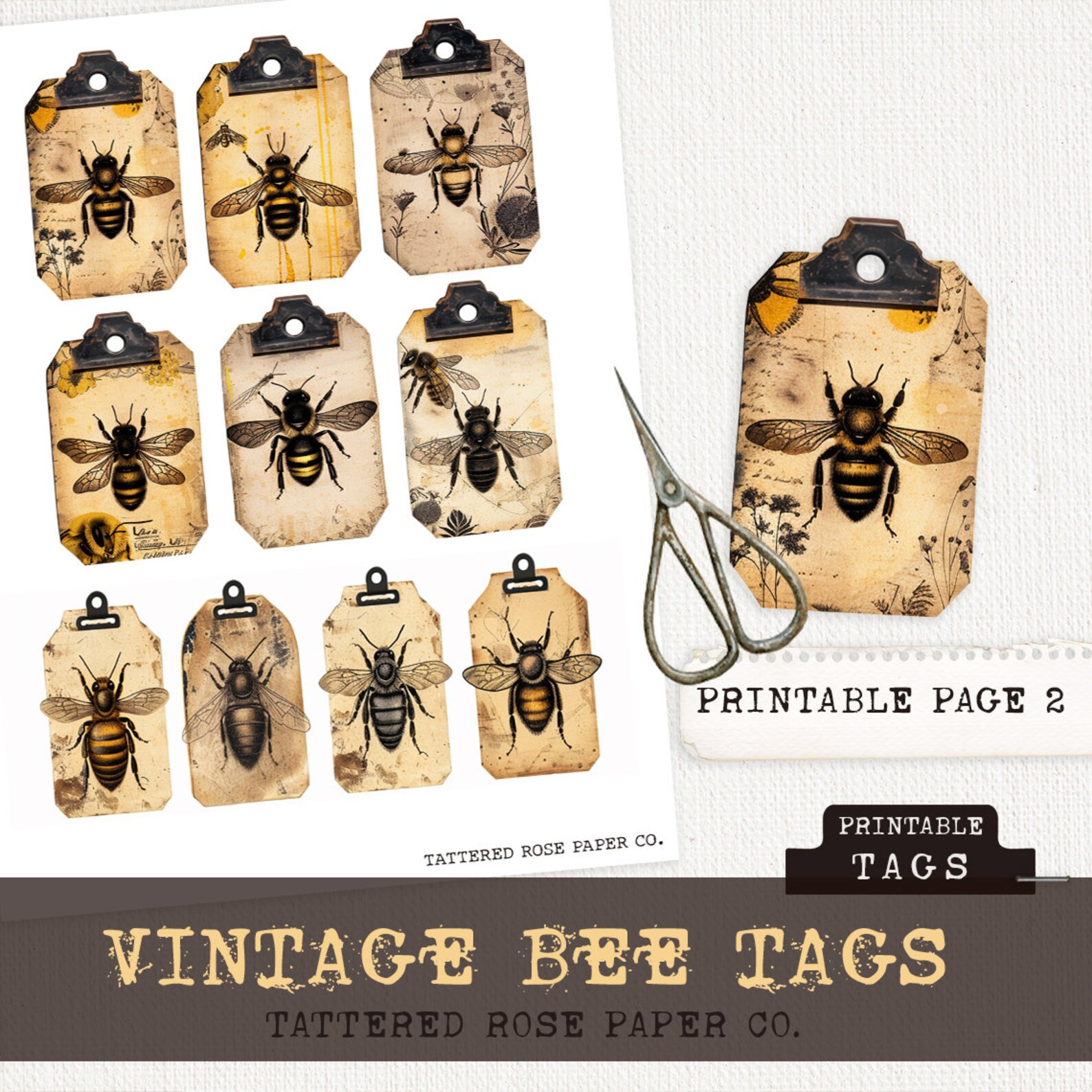 Vintage Bee Tags, Junk Journal Bee Tags, Junk Journaling Printable ...