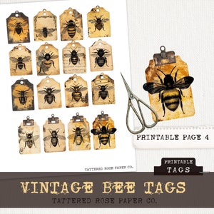 Vintage Bee Tags, Junk Journal Bee Tags, Junk Journaling Printable ...