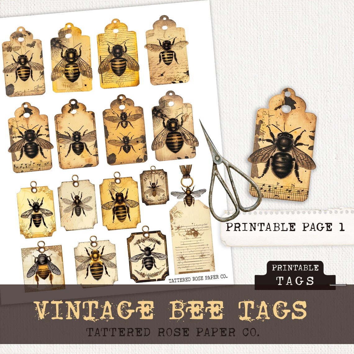 Vintage Bee Tags, Junk Journal Bee Tags, Junk Journaling Printable ...