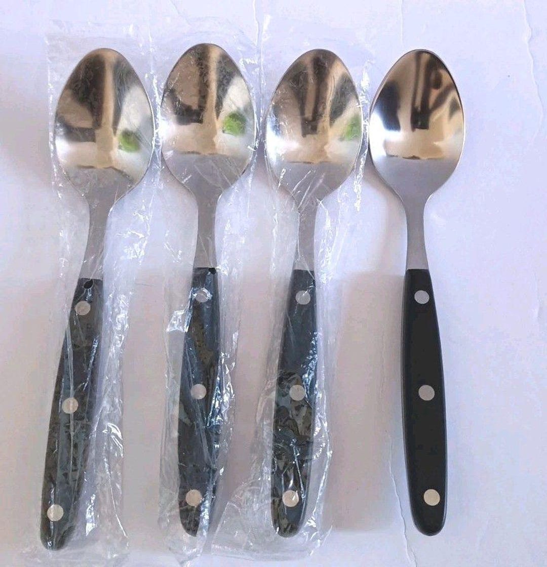 Ronco Triple Rivet Oval Soup Spoons Black Plastic Handle Stainless Set ...