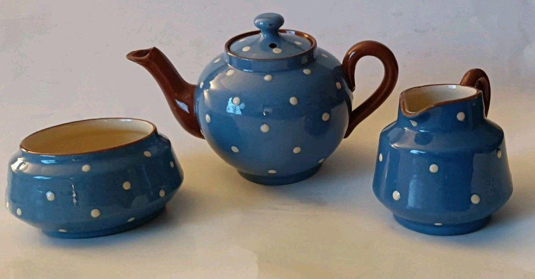 Watcombe Pottery Torquay England Teapot Set Blue Polka Dot Glazed ...