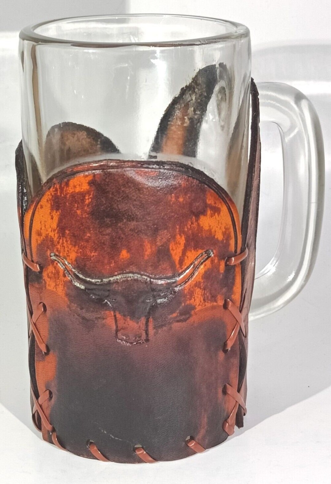 Libby Bamco Western Glass Beer Stein W/ Leather Long Horn Steer Holder ...