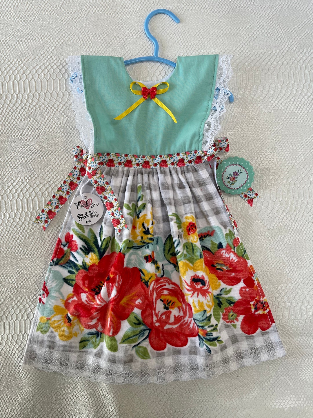 Oven Door Kitchen Towel Dress. Adorned With Ribbons, Lace and Button ...