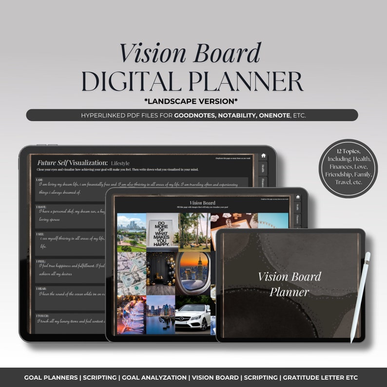 Dark Mode Vision Board Planner, Landscape Digital Planner Goodnotes ...