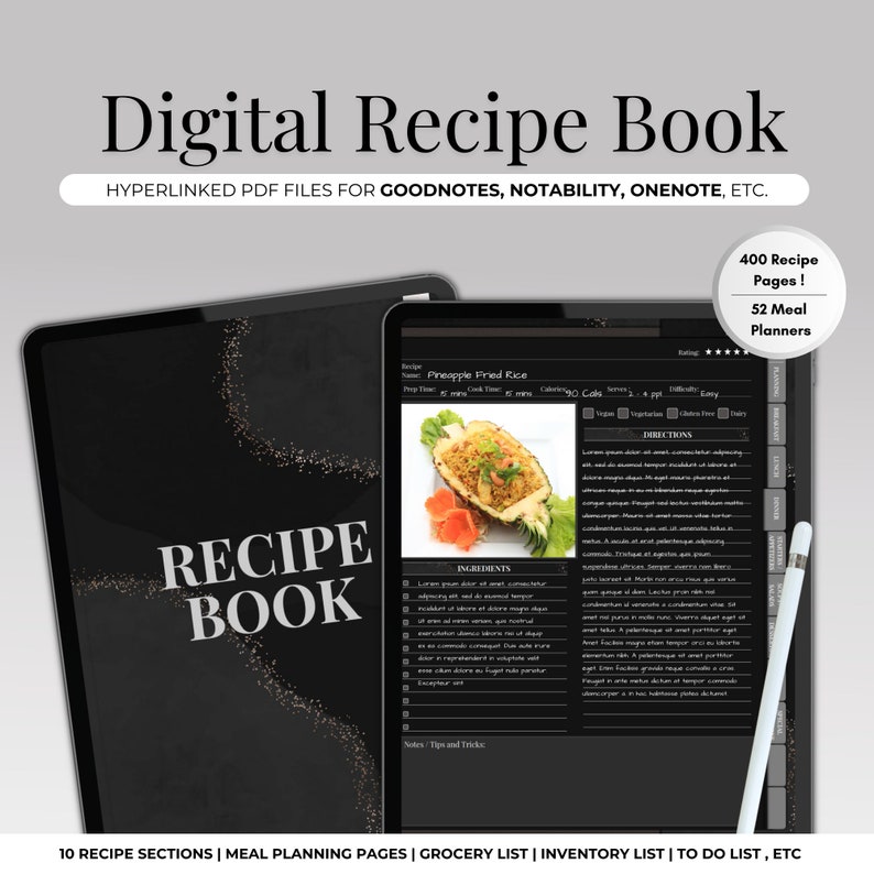 Dark Mode Digital Recipe Book for Goodnotes, Digital Cookbook for Ipad ...