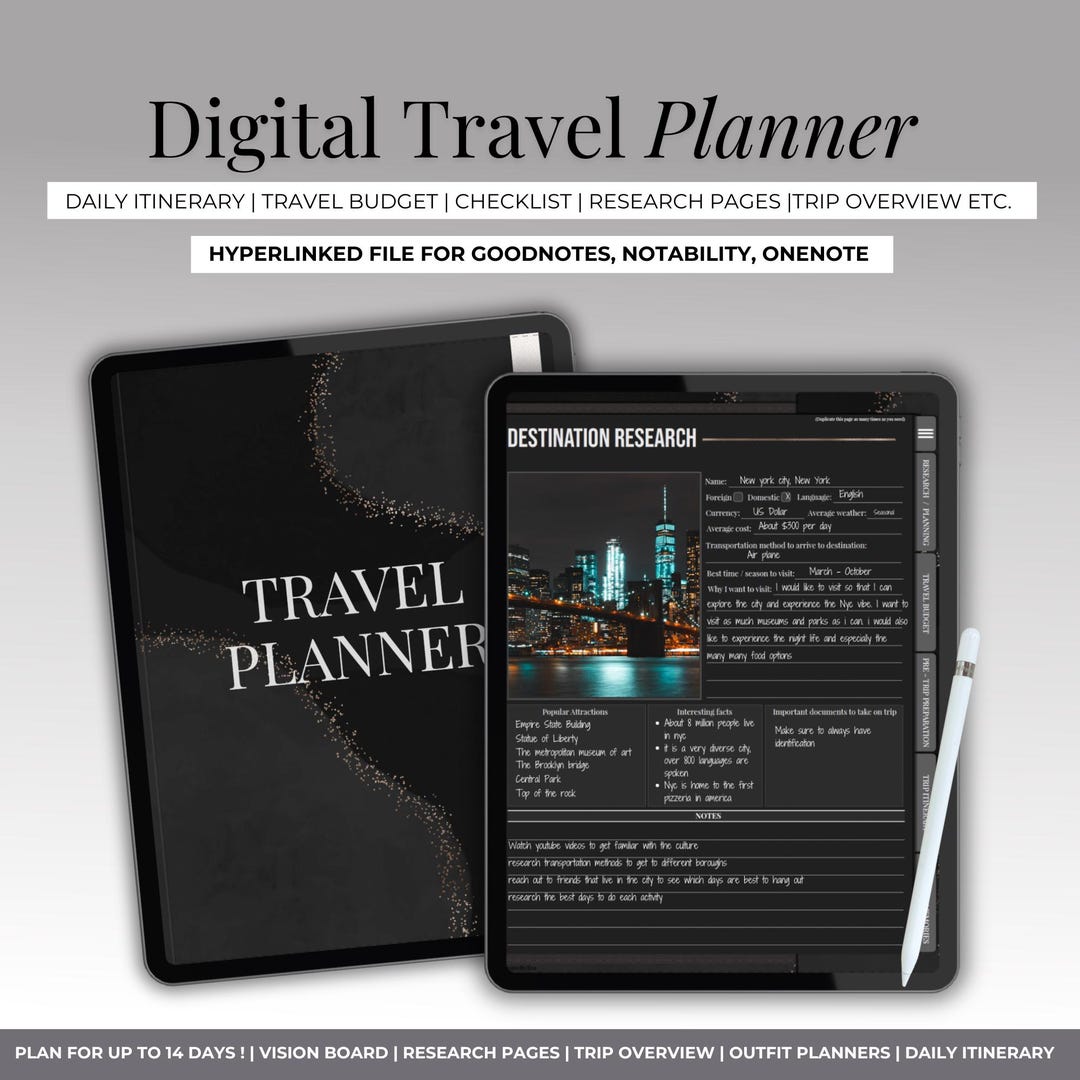 Dark Mode Digital Travel Planner for iPad and Tablet, Travel Itinerary ...