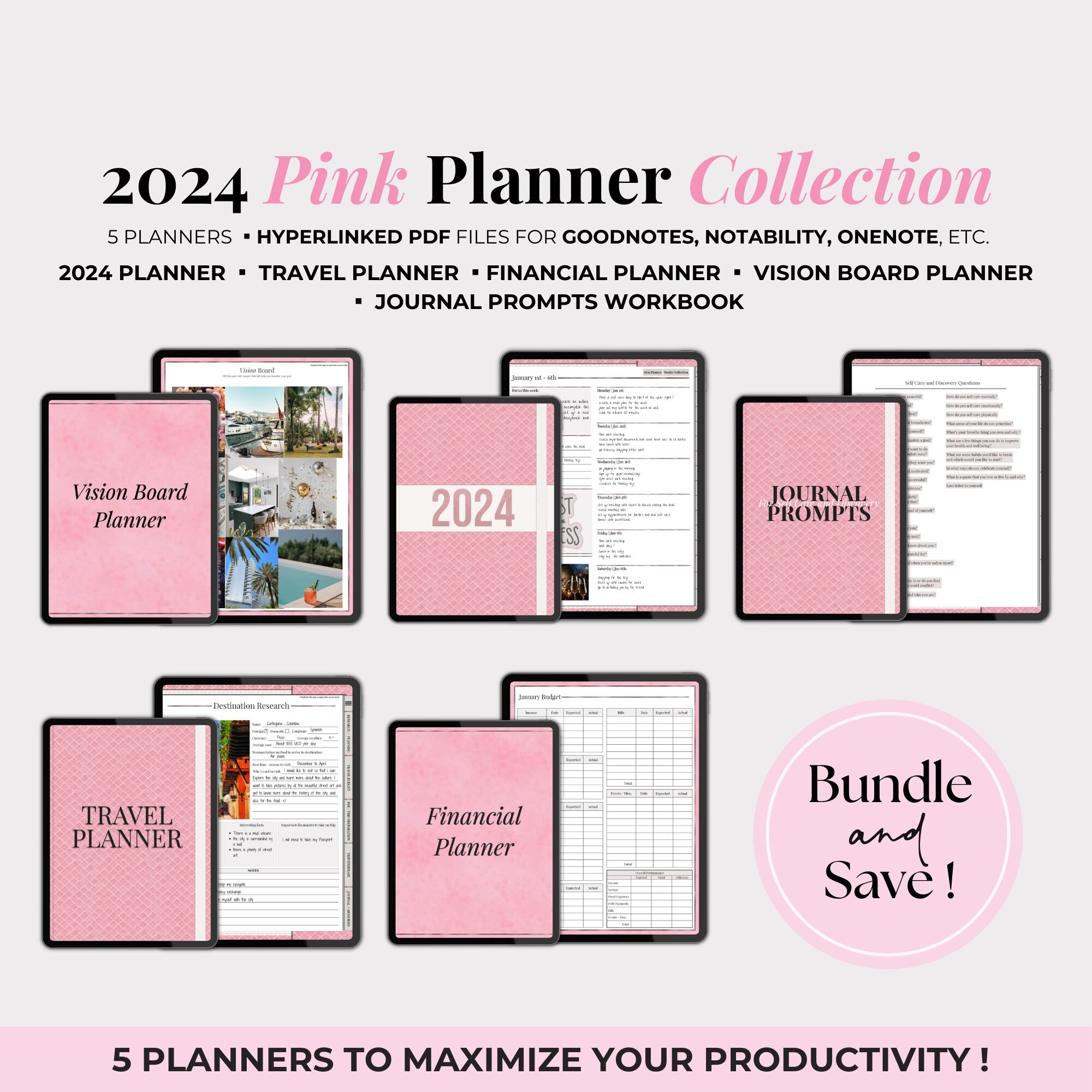2024 Pink Digital Planner Bundle Goodnotes, Vision Board Planner ...