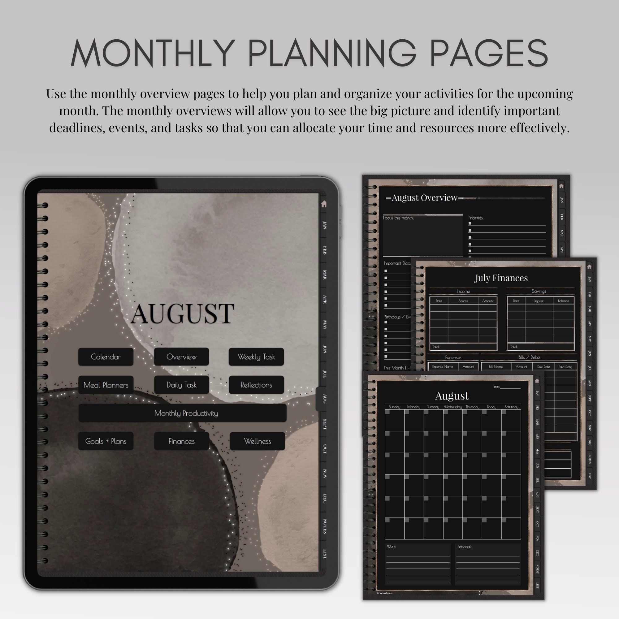 Undated Dark Mode Digital Planner for Goodnotes & Notability , Black ...