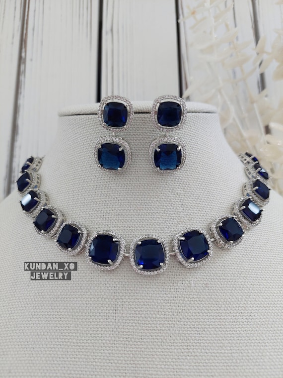 American Diamond Bridal Set Custom Jewelry BLUE Stone Necklace Handmade Gift Indian Jewelry Engagement Gift Modern Jewelry Etsy