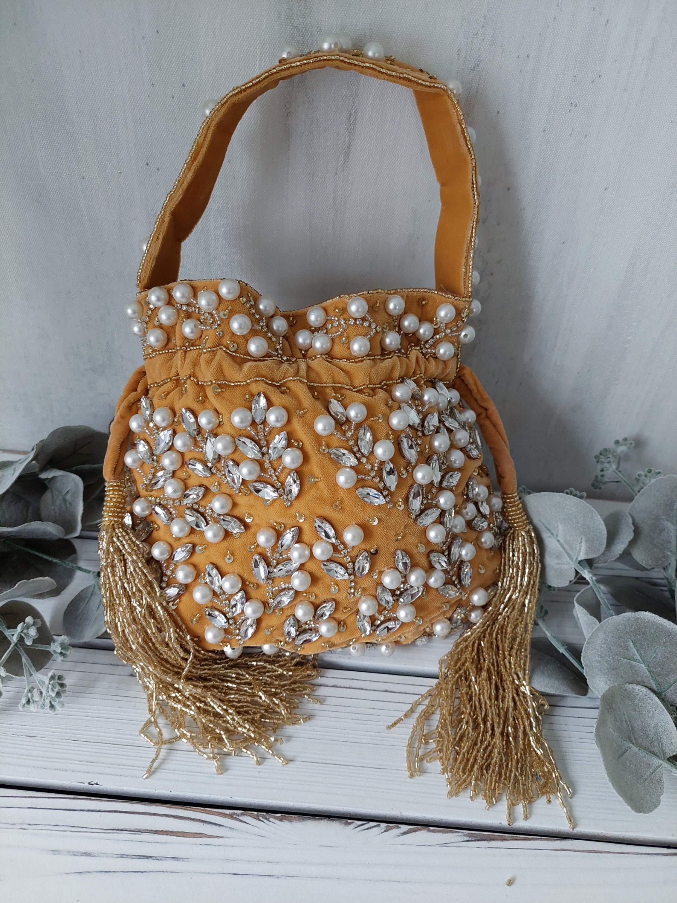 POTLI HANDBAG Golden Yellow Pearl Potli Indian Wedding Bag - Etsy
