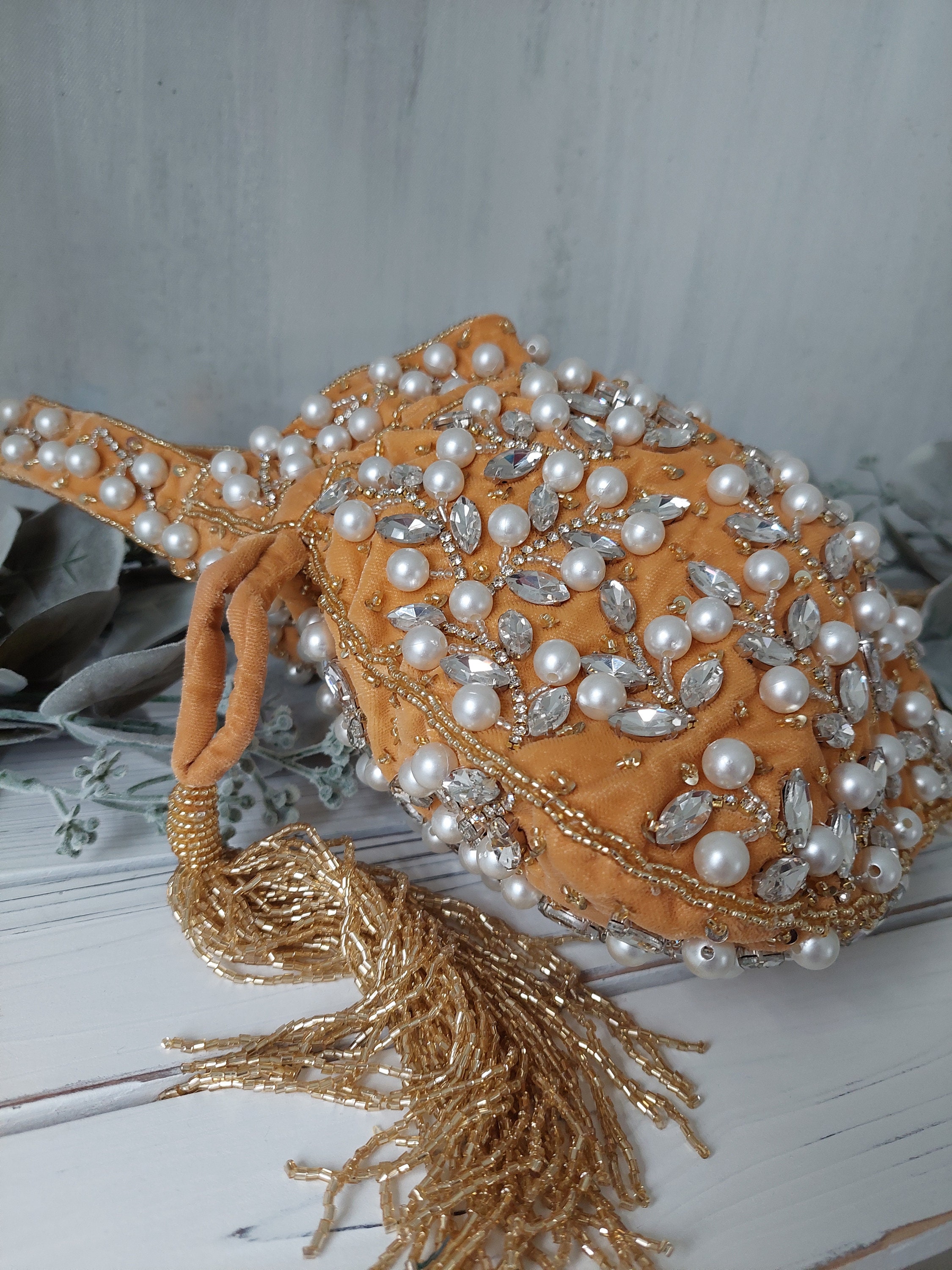 POTLI HANDBAG Golden Yellow Pearl Potli Indian Wedding Bag - Etsy