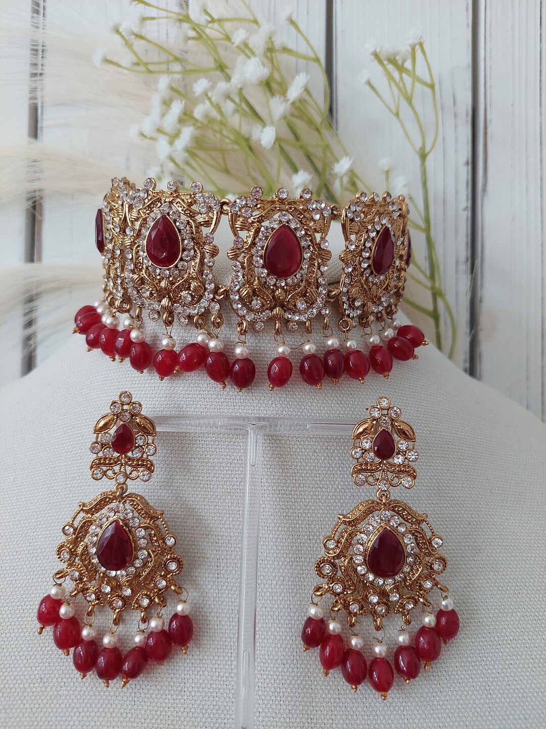 MAROON Indian Necklace Set With Passa, Bridal Polki Jewelry, American ...