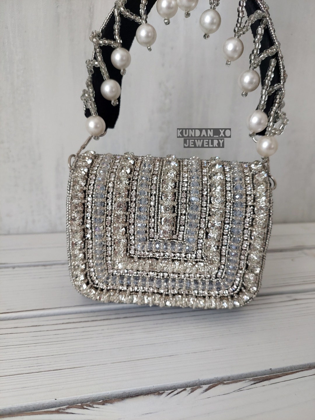 BLACK JEWELED HANDBAG, Rhinestone and Pearl Bridal Purse, Indian ...