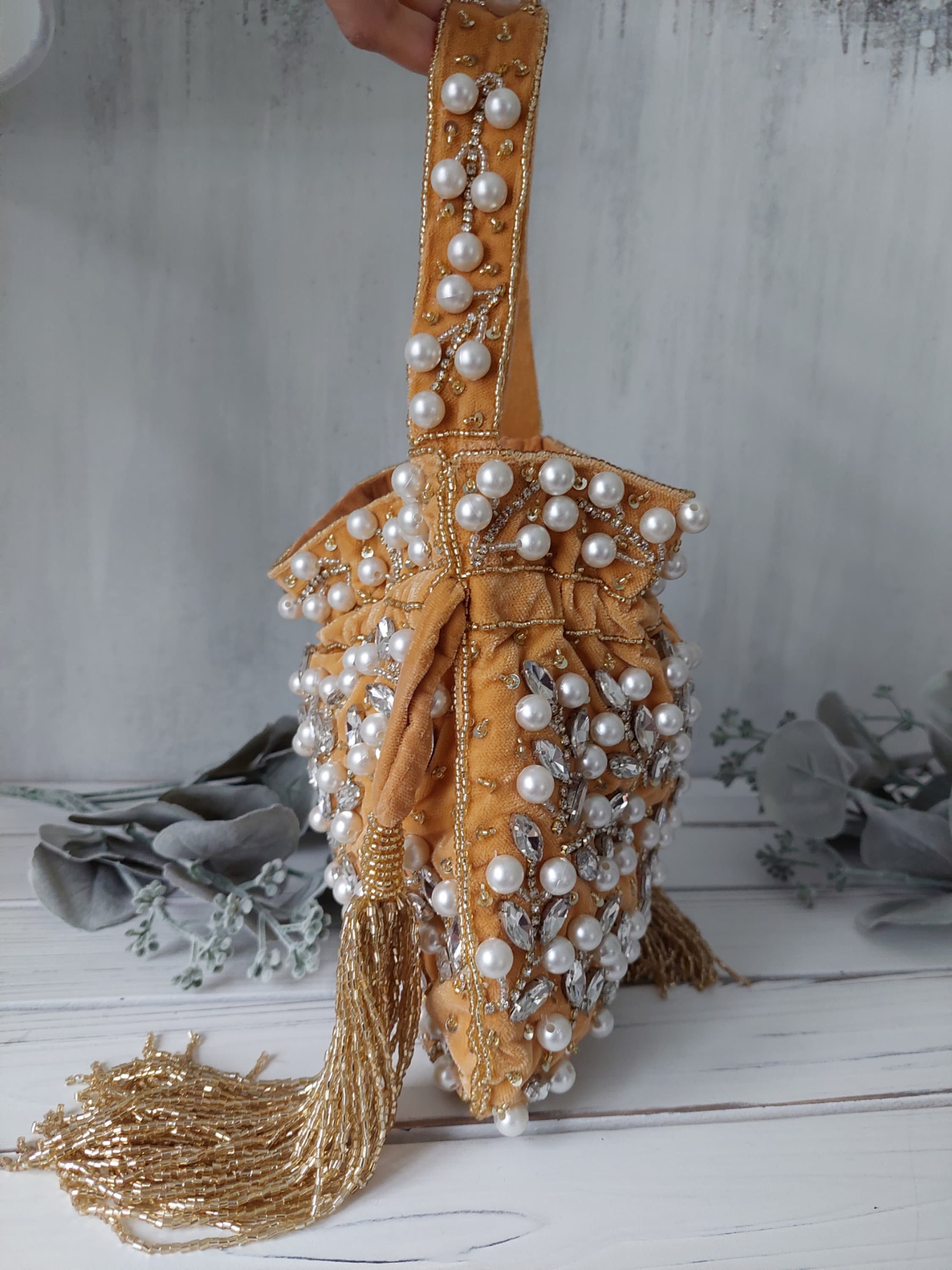 POTLI HANDBAG, Golden Yellow Pearl Potli, Indian Wedding Bag, Gift for ...