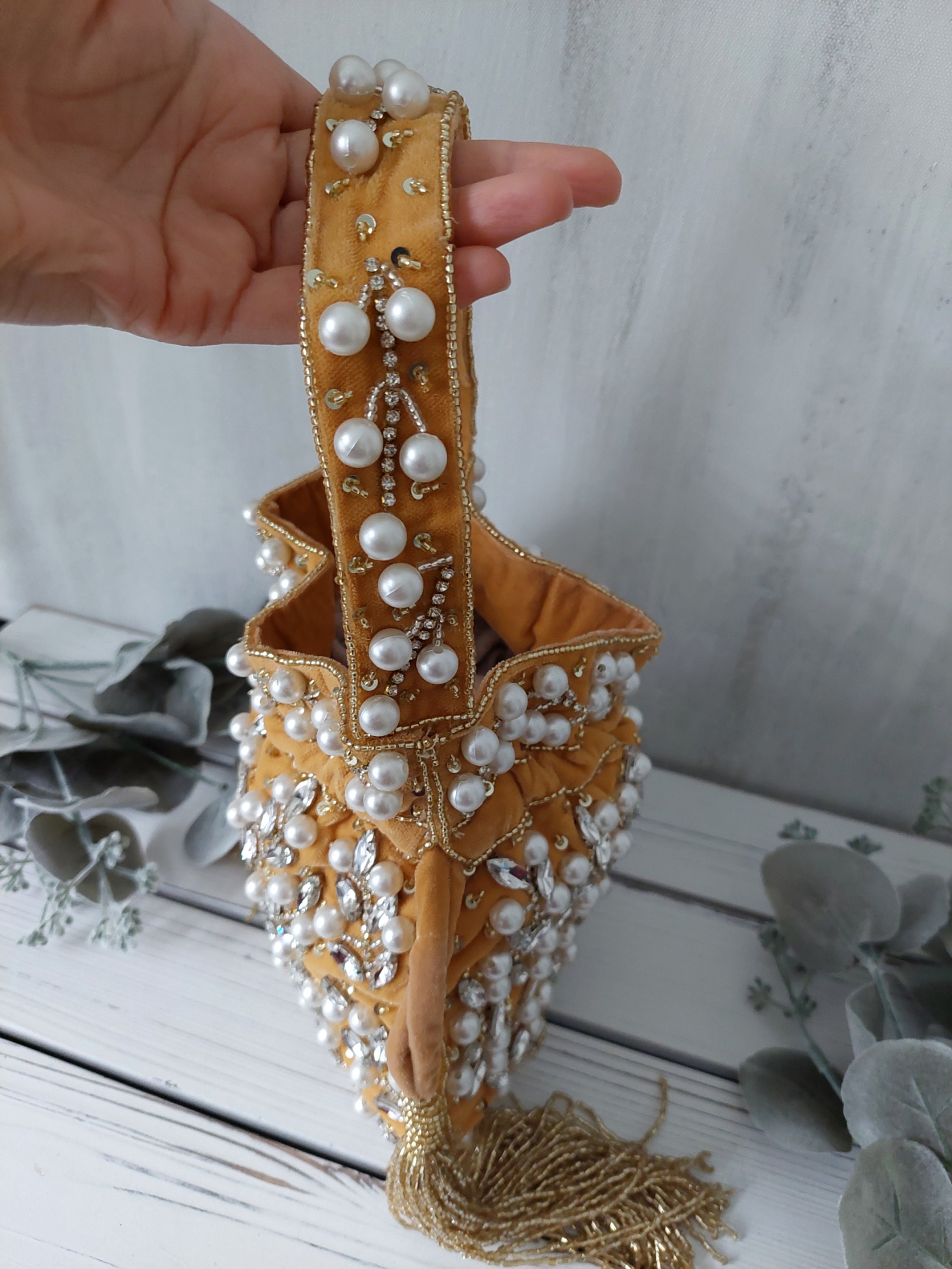 POTLI HANDBAG, Golden Yellow Pearl Potli, Indian Wedding Bag, Gift for ...