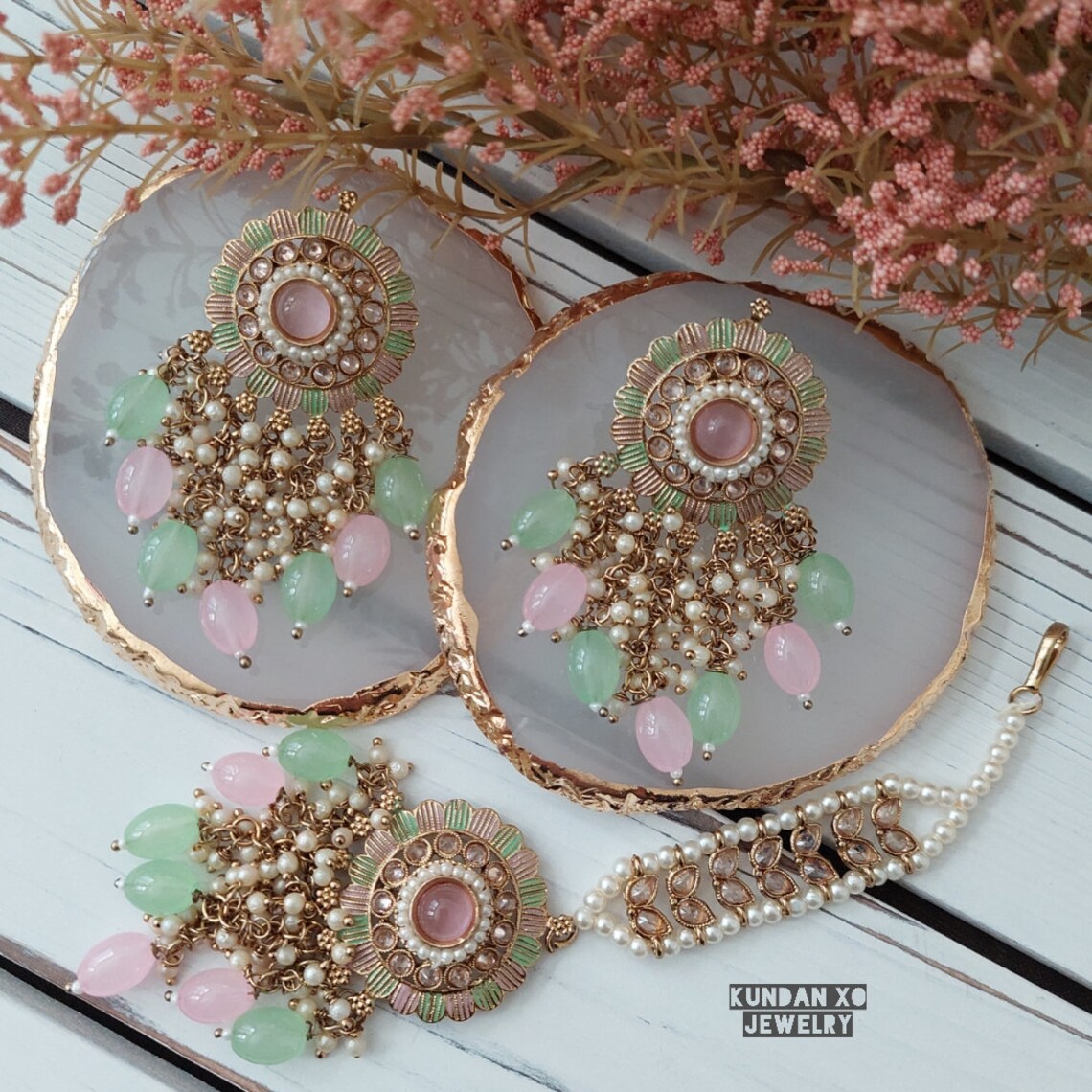 INDIAN Monalisa Stone Tikka Set in Mint Green Pink Purple - Etsy