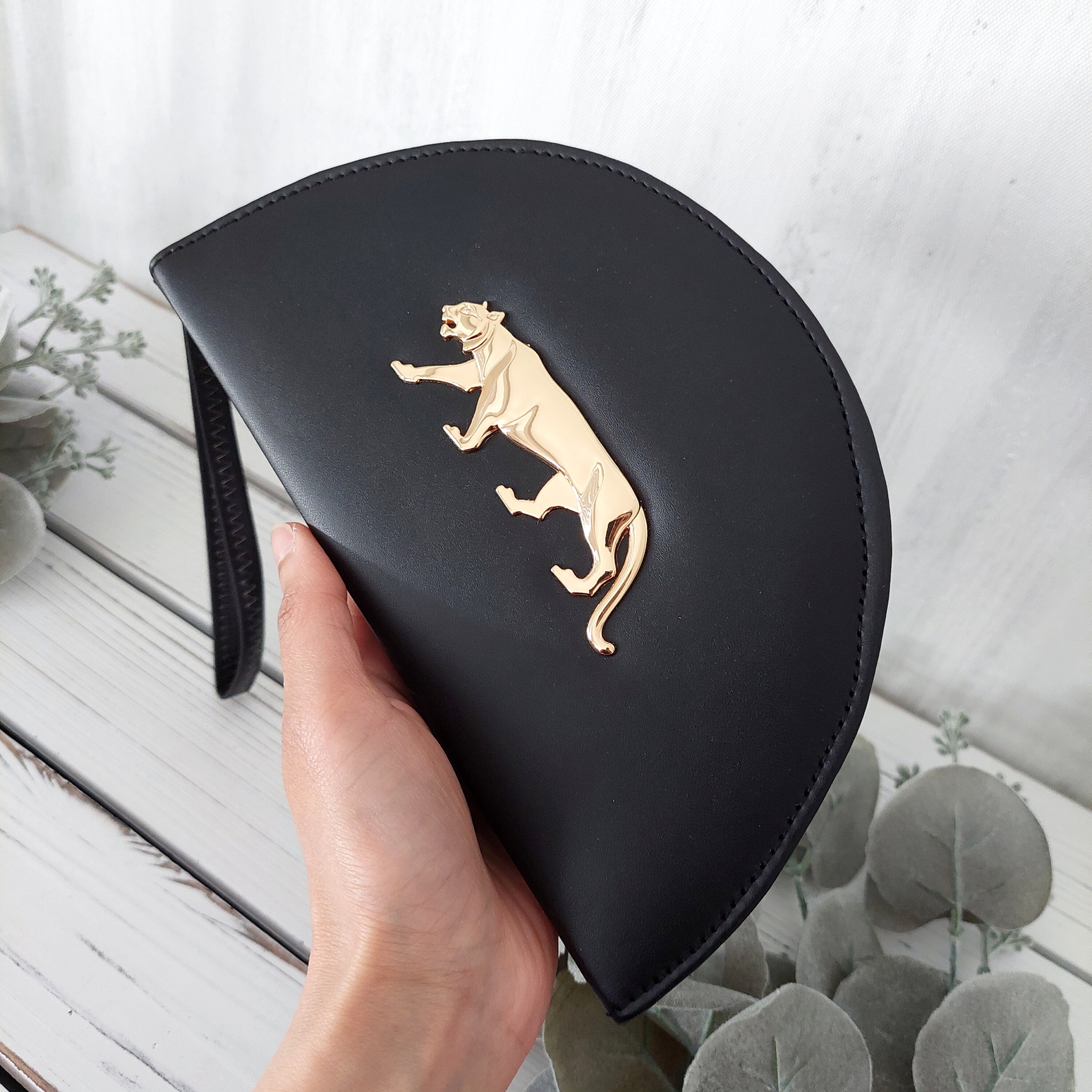 SABYASACHI INSPIRED CLUTCH Tiger Logo Crescent Quality Designer Black ...
