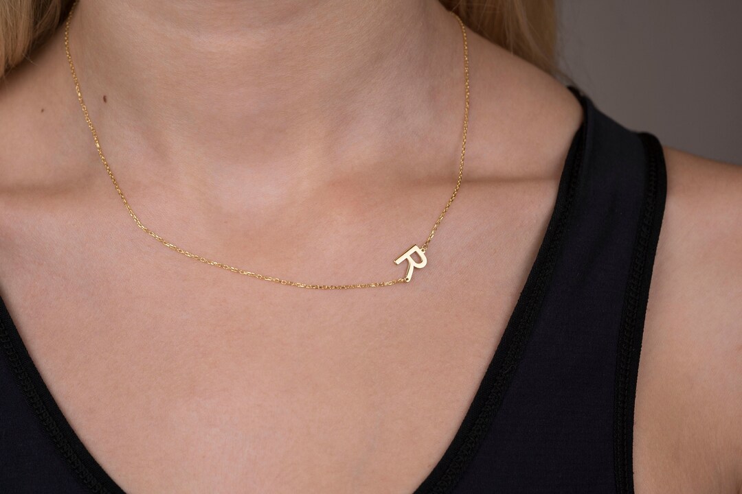 14K Solid Gold Sideways Initial Necklace, Personalized Christmas Gifts ...