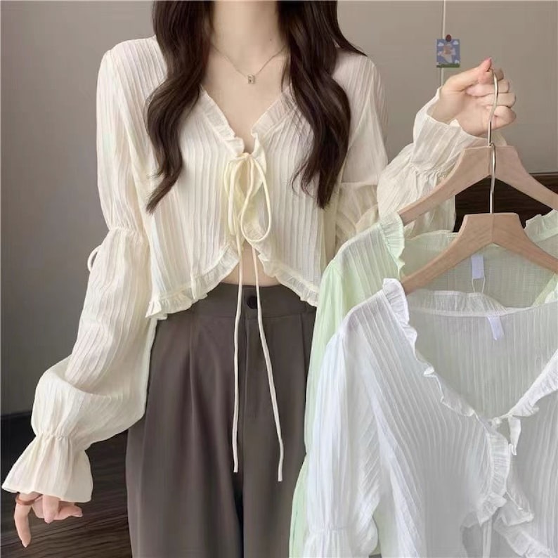 Sexy Mesh Sheer Tie Up Crop Tops Women Long Sleeve Low Cut Etsy