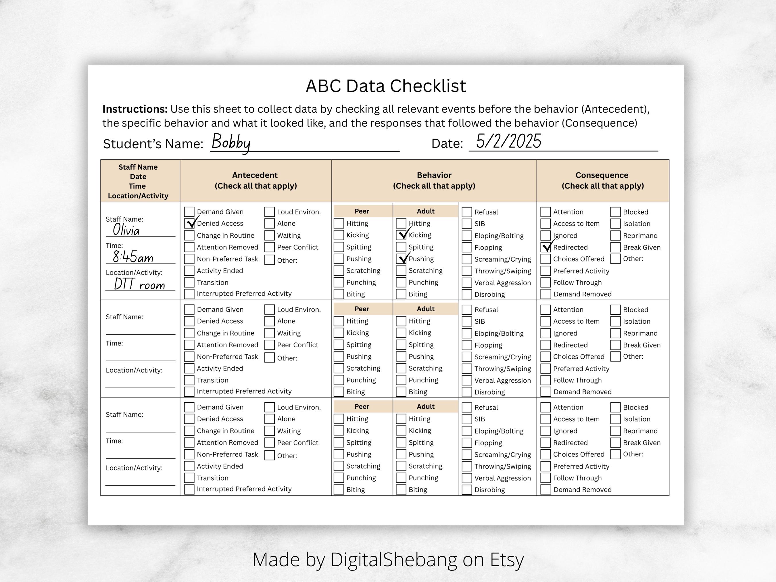 ABC Behavior Data Sheet, ABC Checklist, ABC Data Collection, Behavior ...