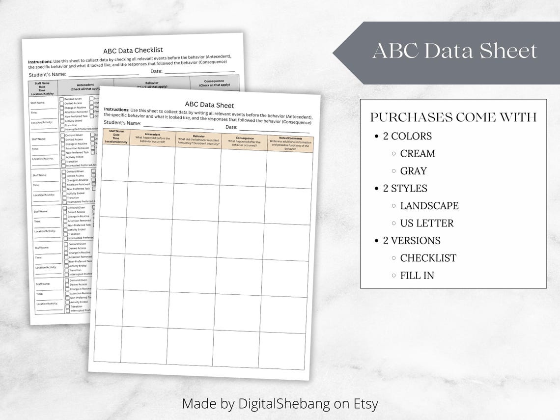 ABC Behavior Data Sheet, ABC Checklist, ABC Data Collection, Behavior ...