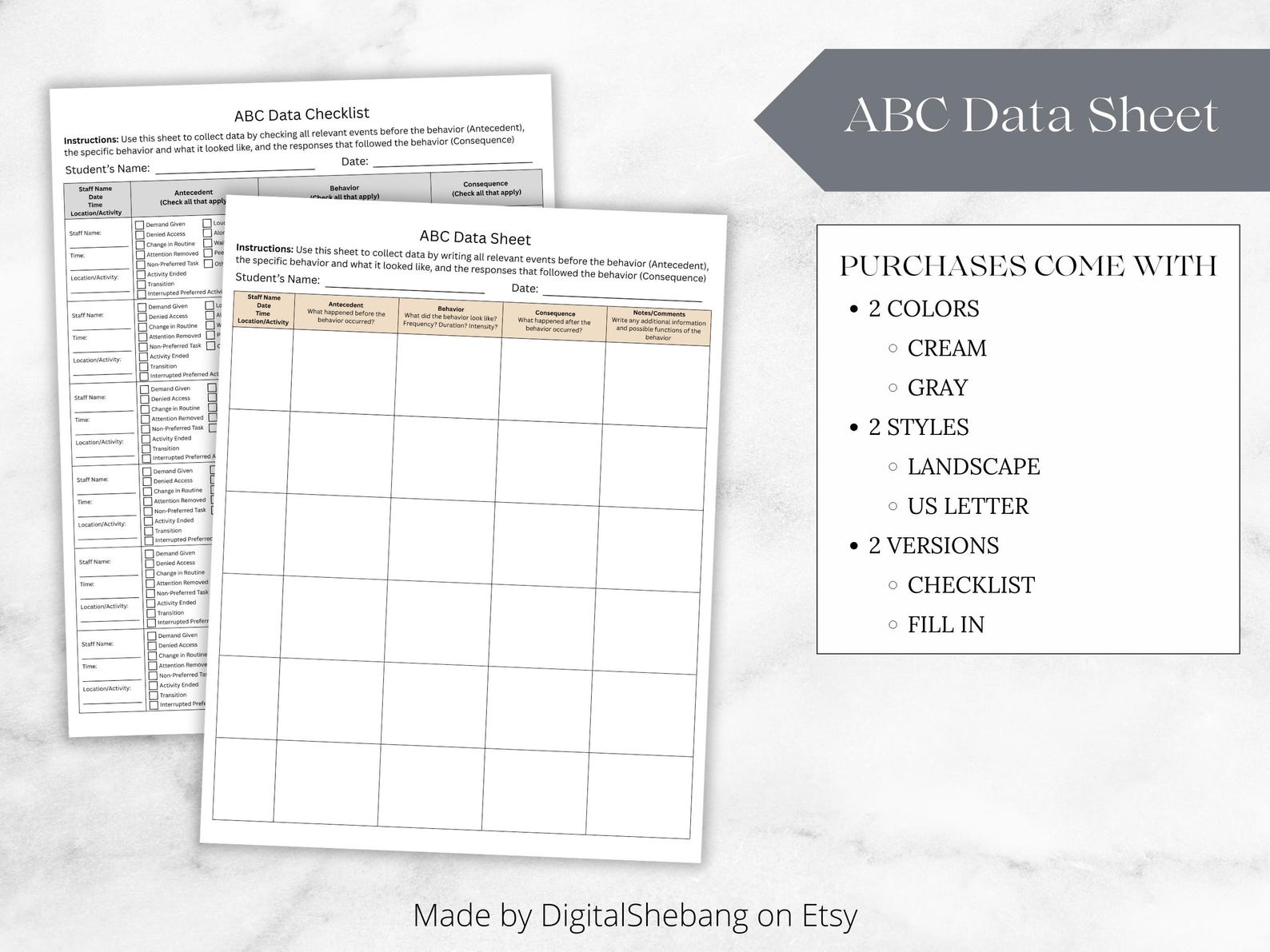 ABC Behavior Data Sheet Bundle, Checklist & Fill-in (digital Download ...
