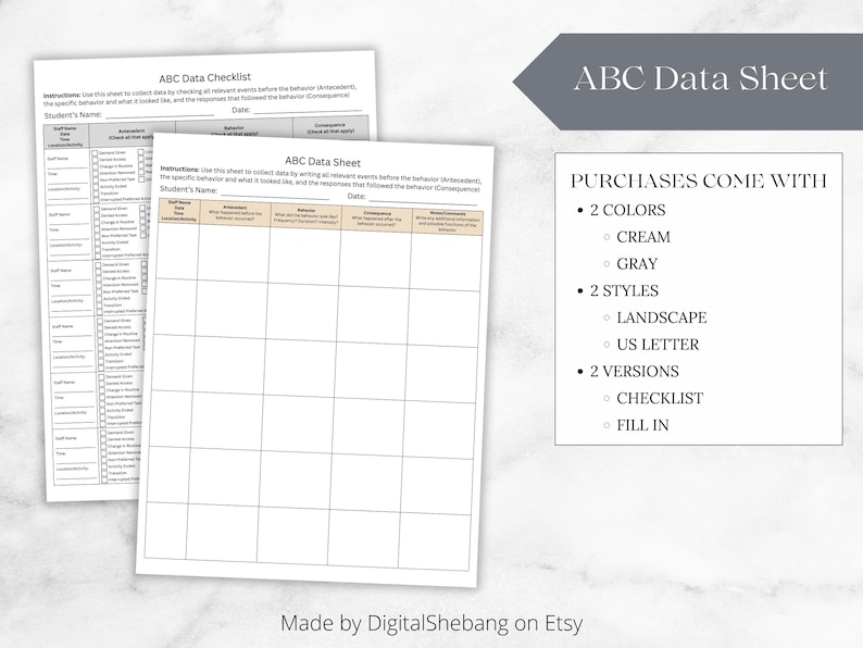 ABC Behavior Data Sheet, ABC Checklist, ABC Data Collection, Behavior ...
