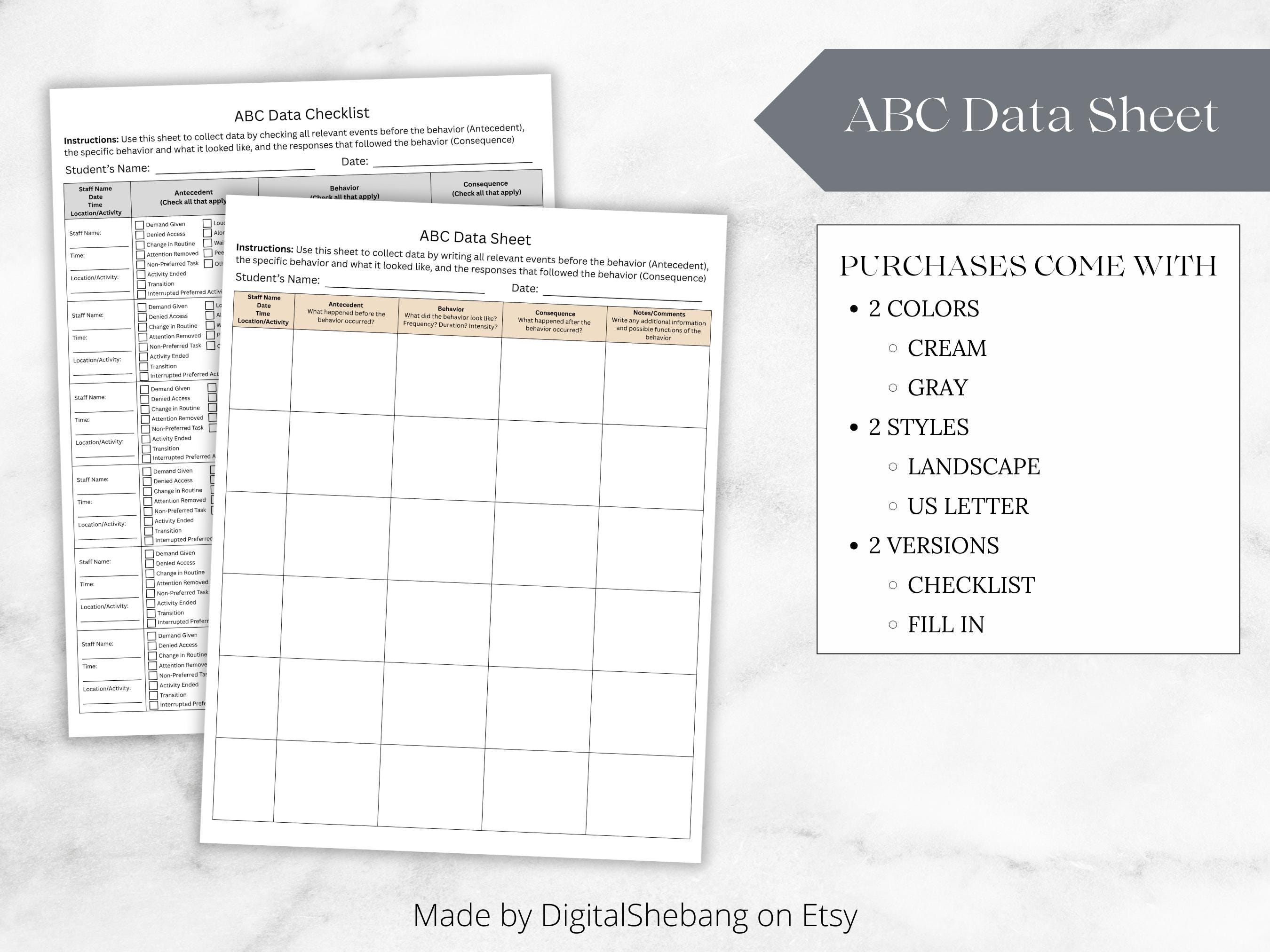 ABC Behavior Data Sheet, ABC Checklist, ABC Data Collection, Behavior ...