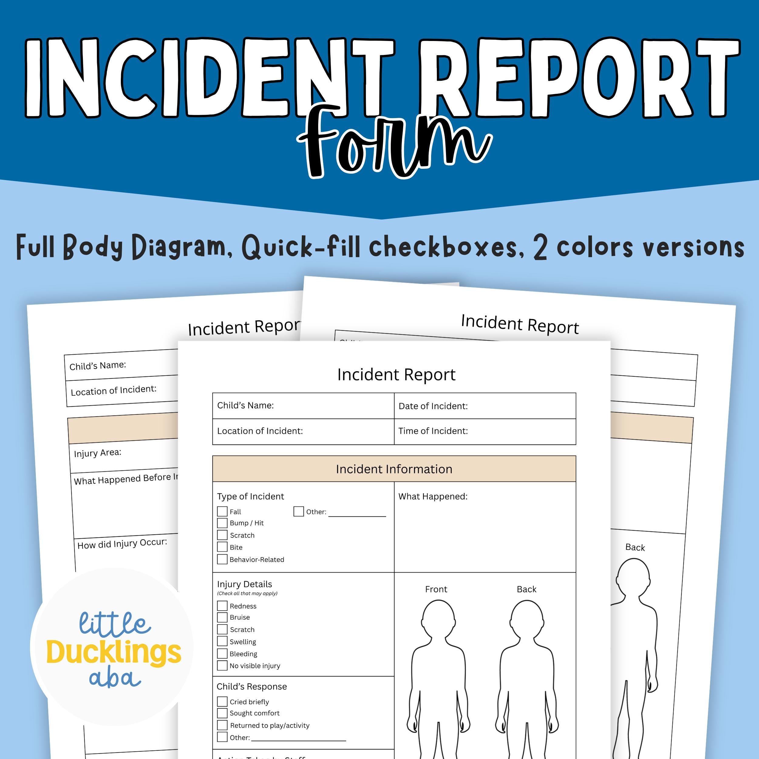 Printable Incident Report Template for Daycare, ABA Clinic & School ...