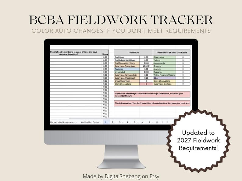 BCBA Concentrated Fieldwork Tracker, Google Sheets Template (digital ...