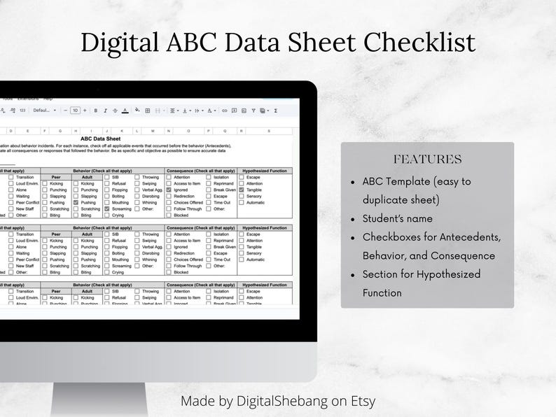 ABC Behavior Checklist Data Sheet, Digital ABC Data Sheet, ABC ...
