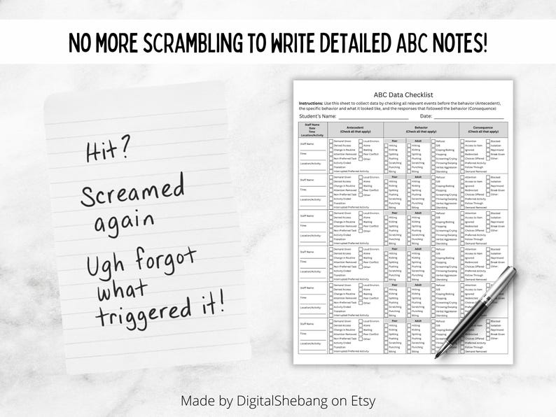 ABC Behavior Data Sheet, ABC Checklist, ABC Data Collection, Behavior ...