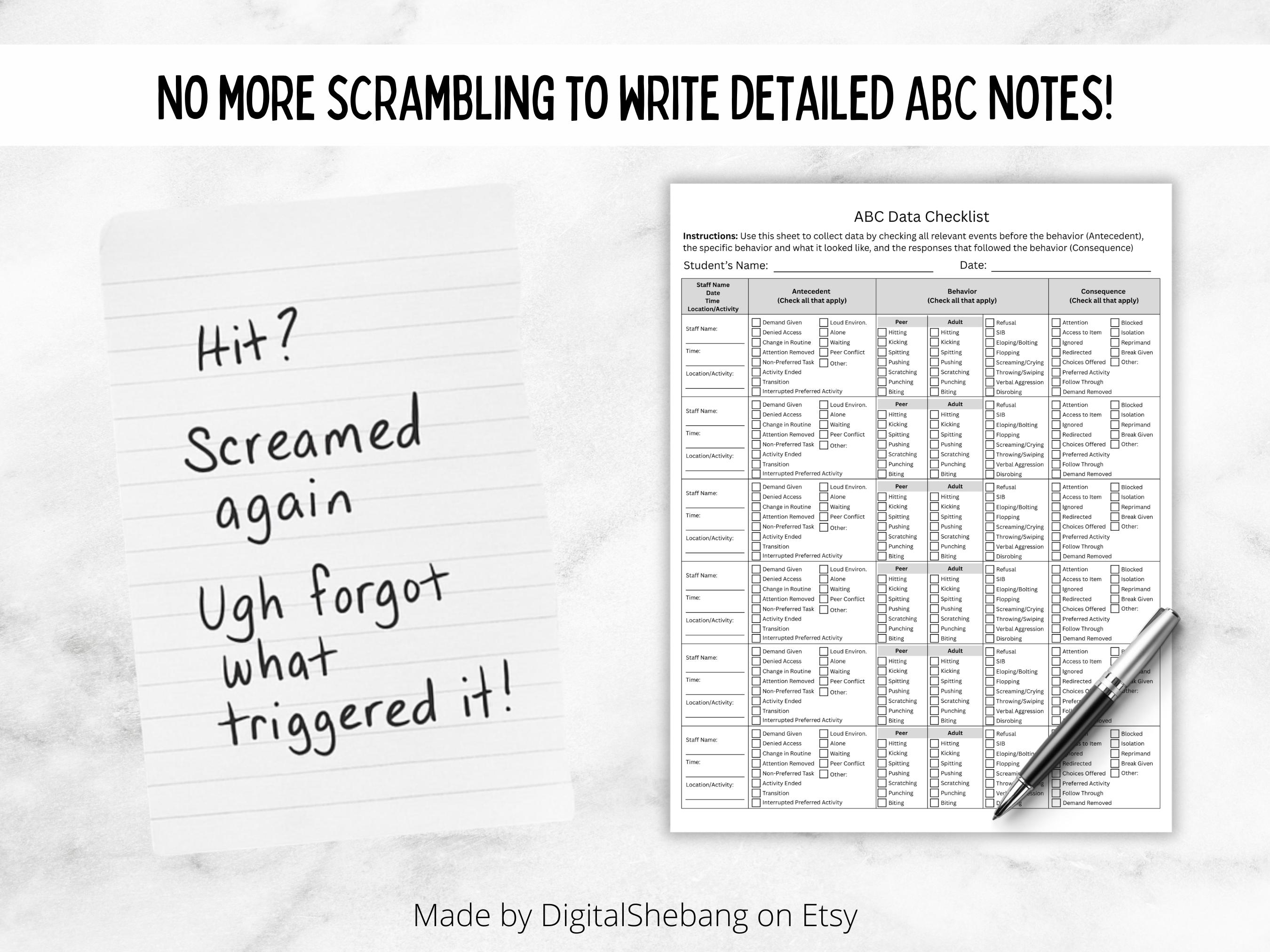 ABC Behavior Data Sheet, ABC Checklist, ABC Data Collection, Behavior ...