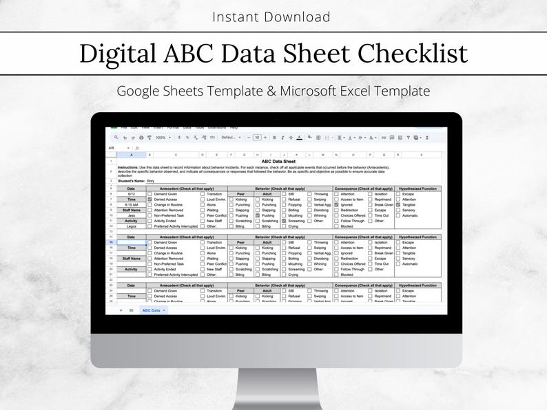 ABC Behavior Checklist Data Sheet, Digital ABC Data Sheet, ABC ...