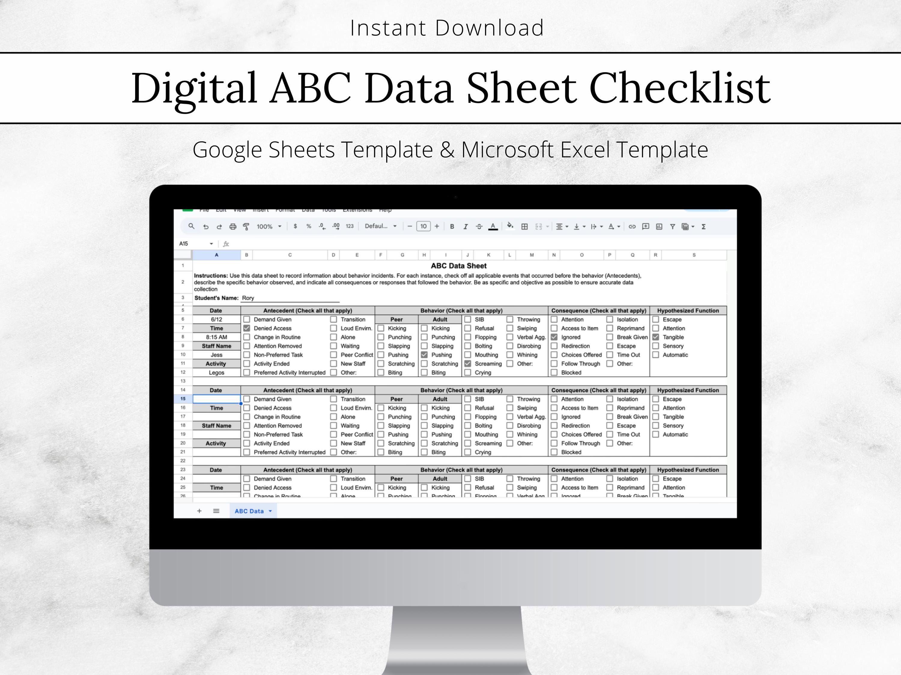 ABC Behavior Checklist Data Sheet, Digital ABC Data Sheet, ABC ...
