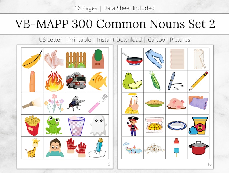 VBMAPP 300 Common Nouns Set 2, Cartoon Printable Flashcards, ABA ...