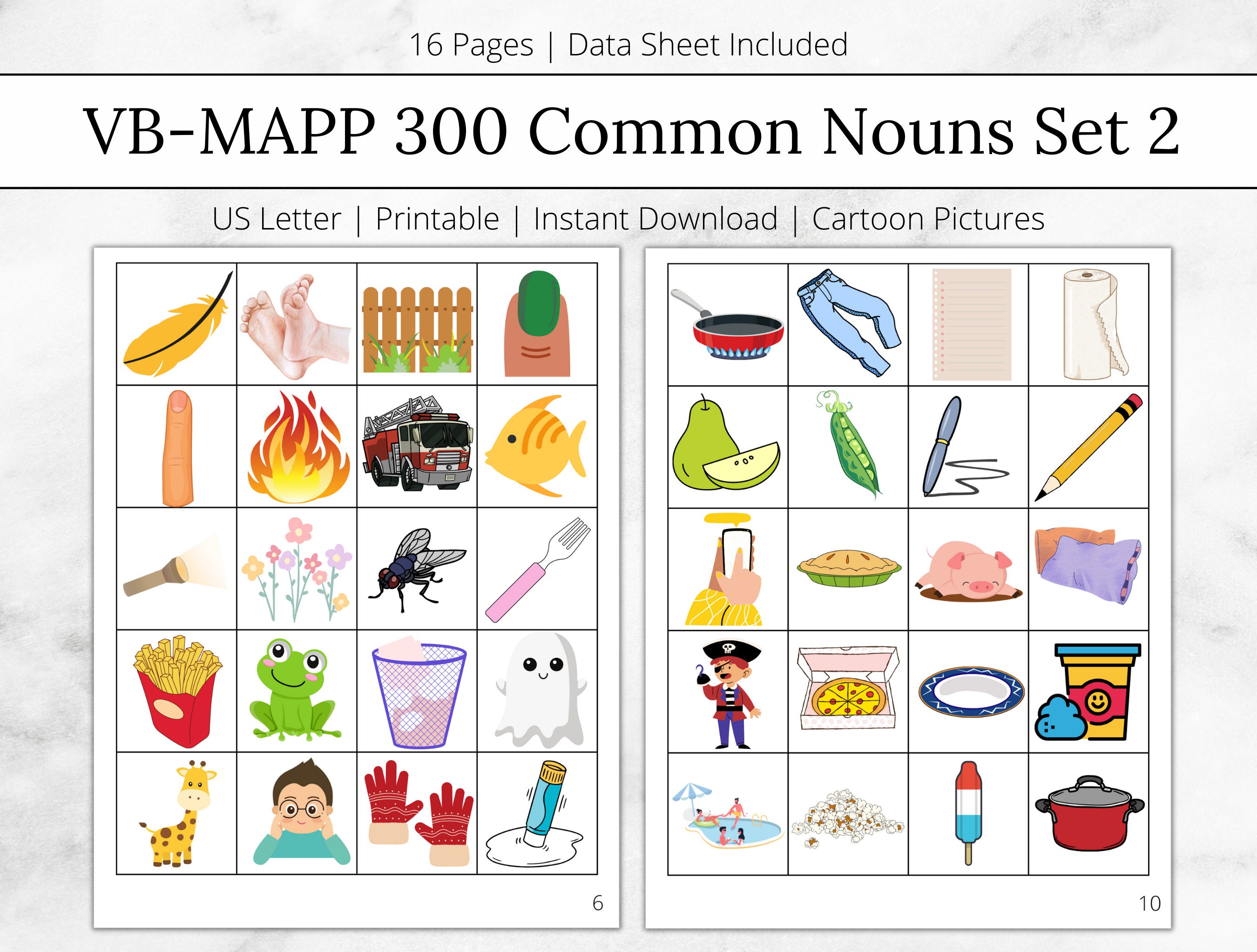 VBMAPP 300 Common Nouns Set 2, Cartoon Printable Flashcards, ABA ...