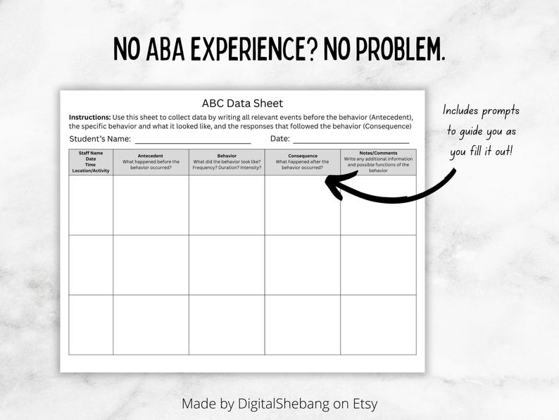 ABC Behavior Data Sheet, ABC Checklist, ABC Data Collection, Behavior ...