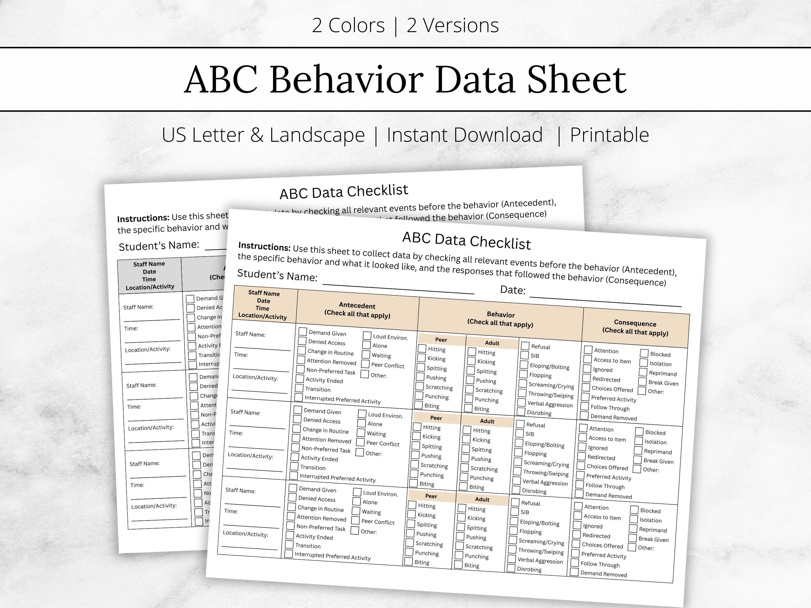ABC Behavior Data Sheet, ABC Checklist, ABC Data Collection, Behavior ...