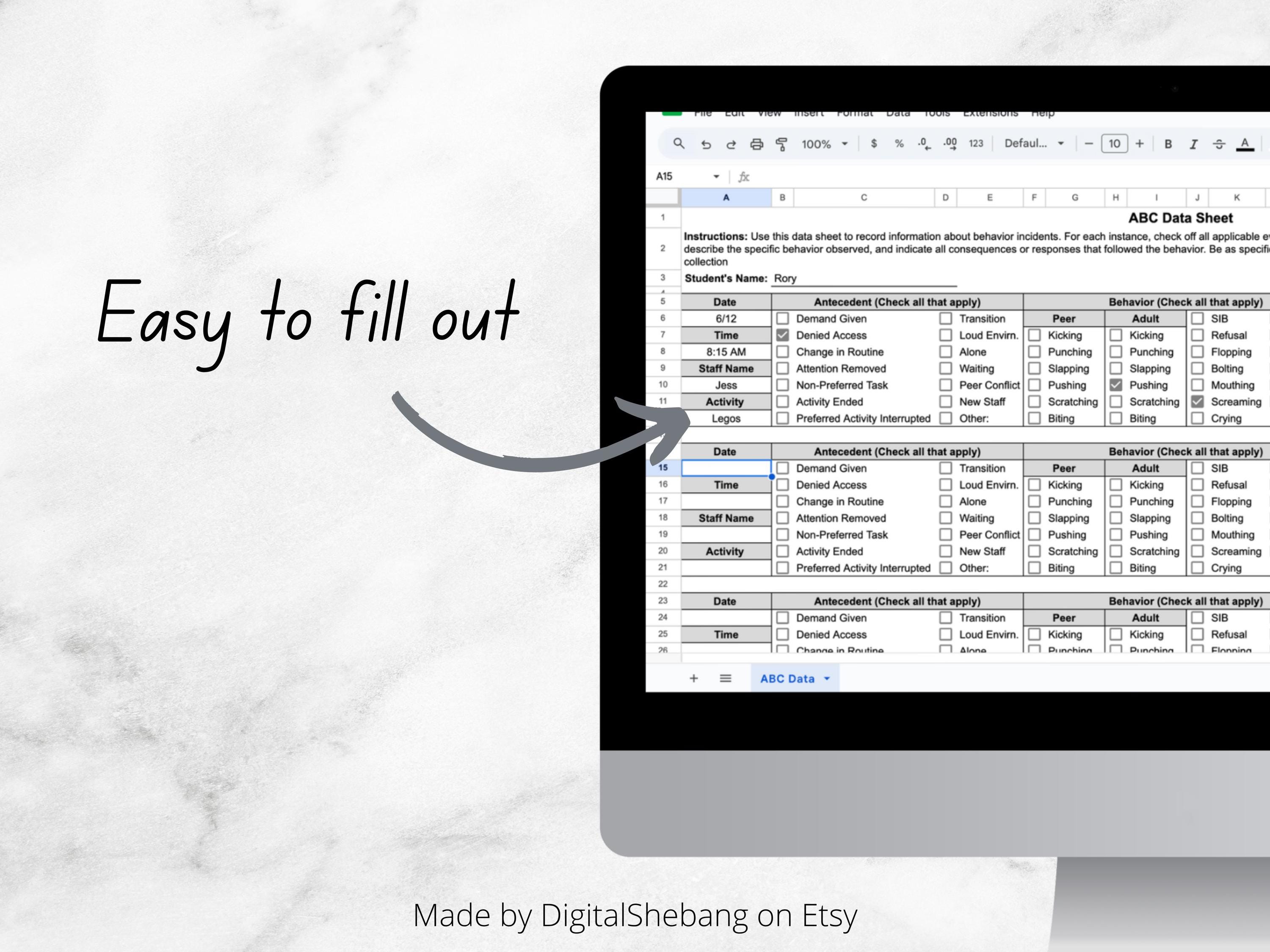 ABC Behavior Checklist Data Sheet, Digital ABC Data Sheet, ABC ...